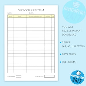 Sponsorship Form - Printable Fundraiser Form - Charity Fundraiser Donation List - Sponsor ...