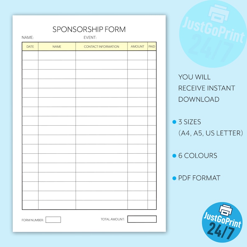 Sponsorship Form - Printable Fundraiser Form - Charity Fundraiser ...