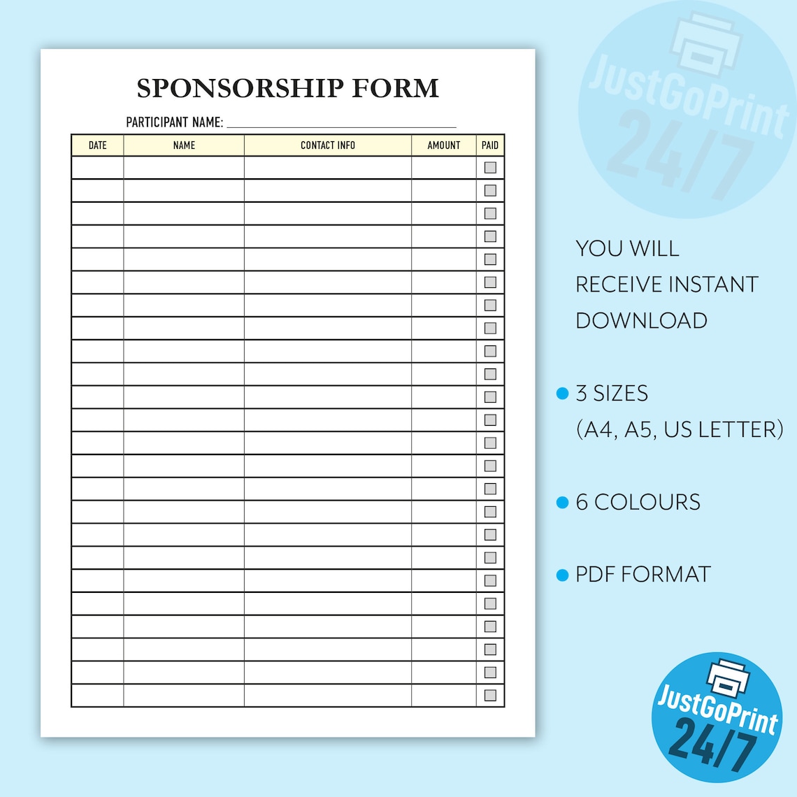 Sponsorship Form - Printable Fundraiser Form - Charity Fundraiser ...