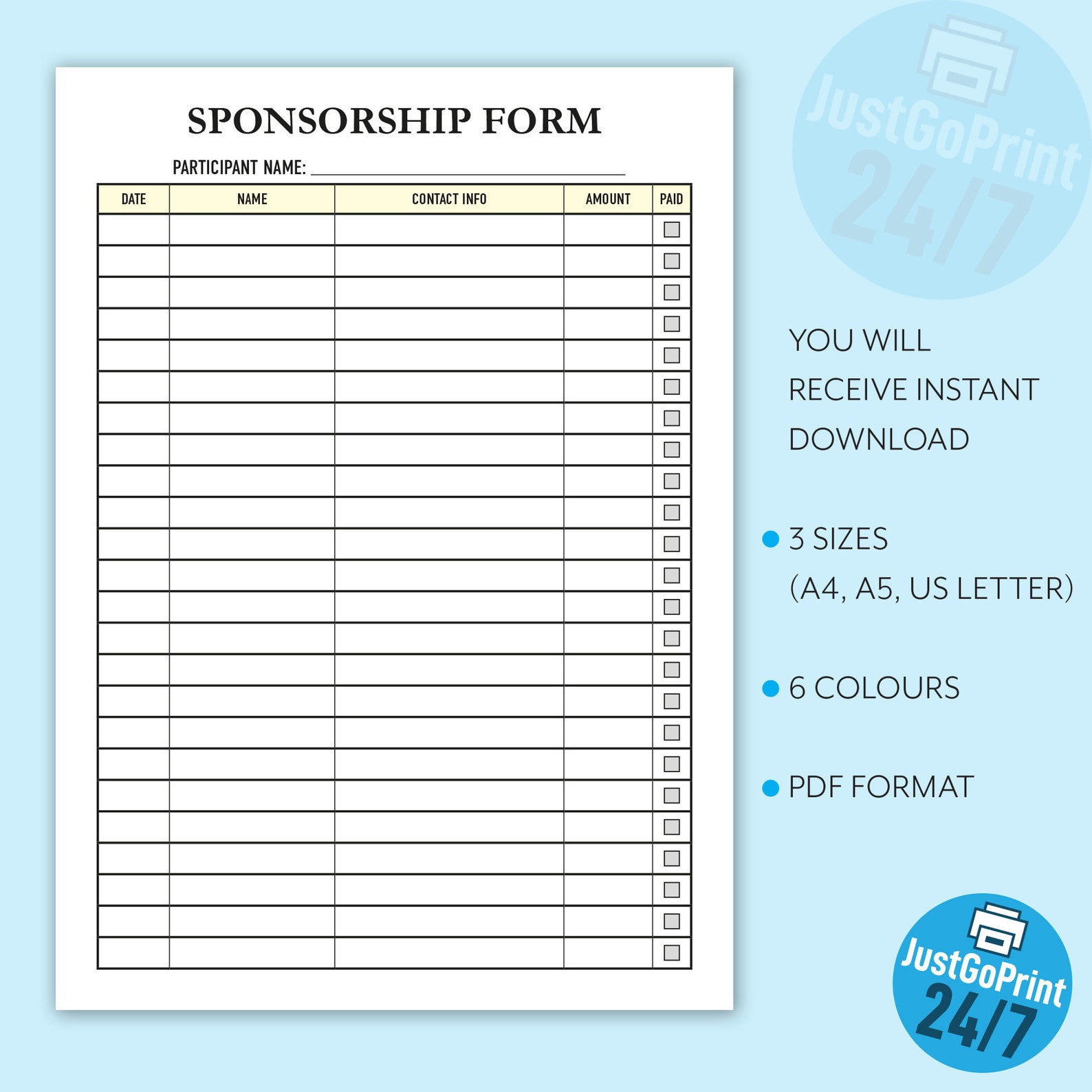 Sponsorship Form - Printable Fundraiser Form - Charity Fundraiser ...