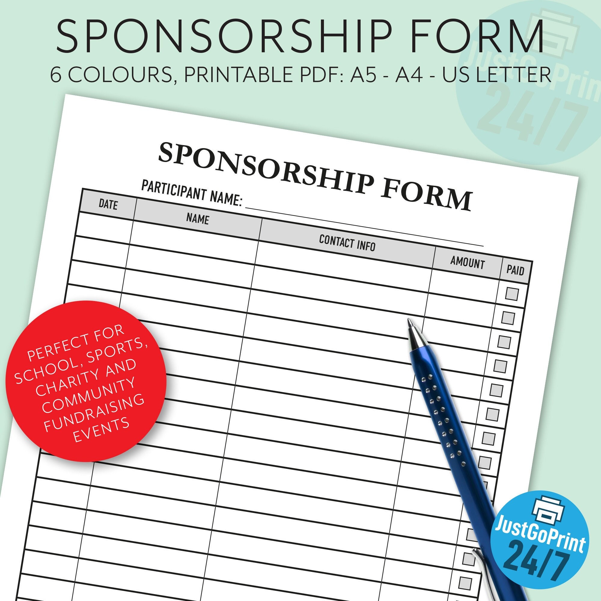 Sponsorship Form - Printable Fundraiser Form - Charity Fundraiser ...