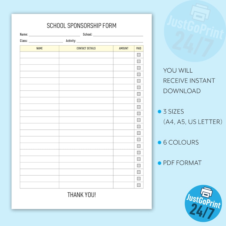 School Sponsorship Form - Printable Fundraiser Form - Charity ...