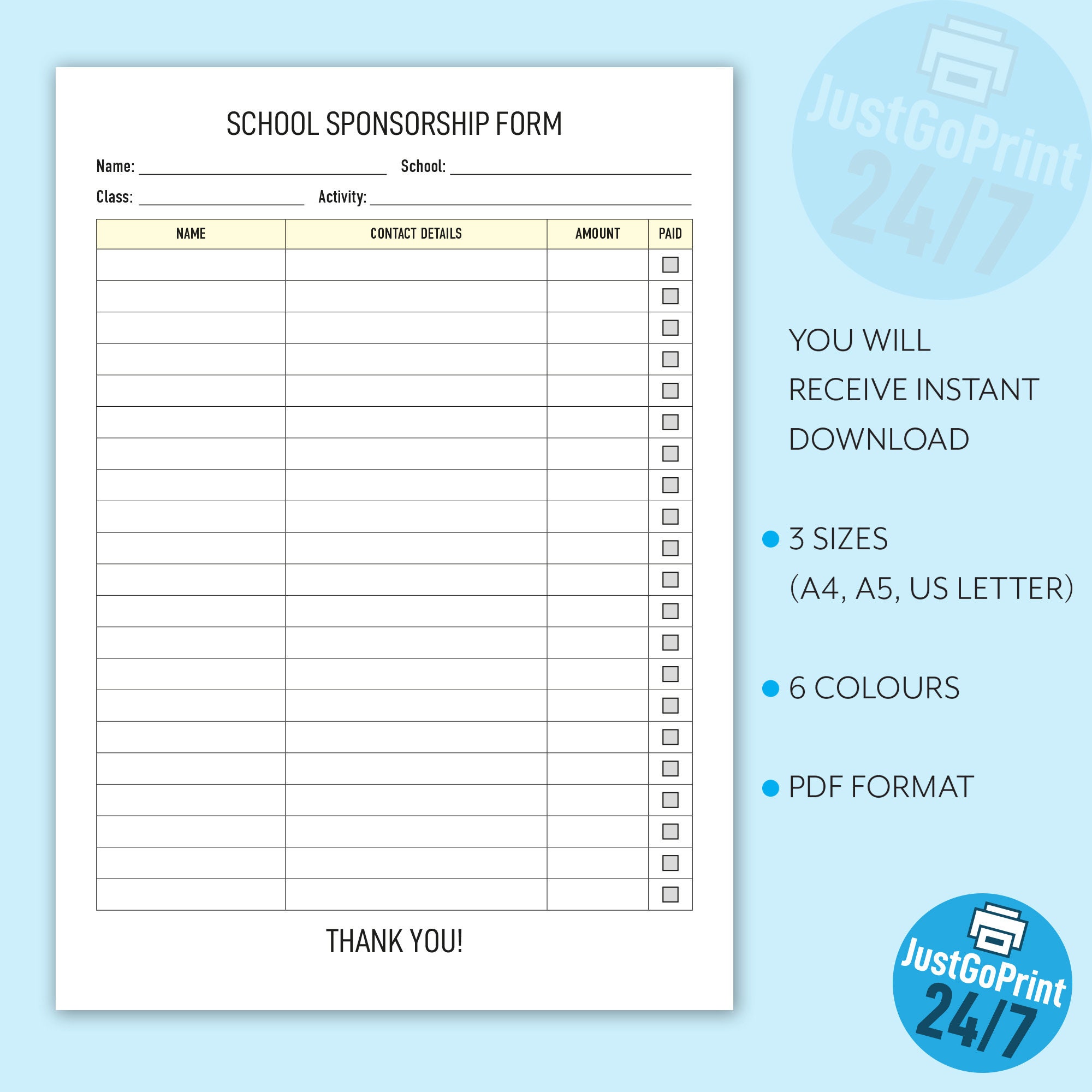 School Sponsorship Form - Printable Fundraiser Form - Charity ...