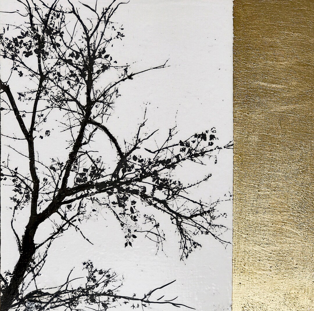 Tree on White With Gold Leaf Panel Original Oil Painting Contemporary ...