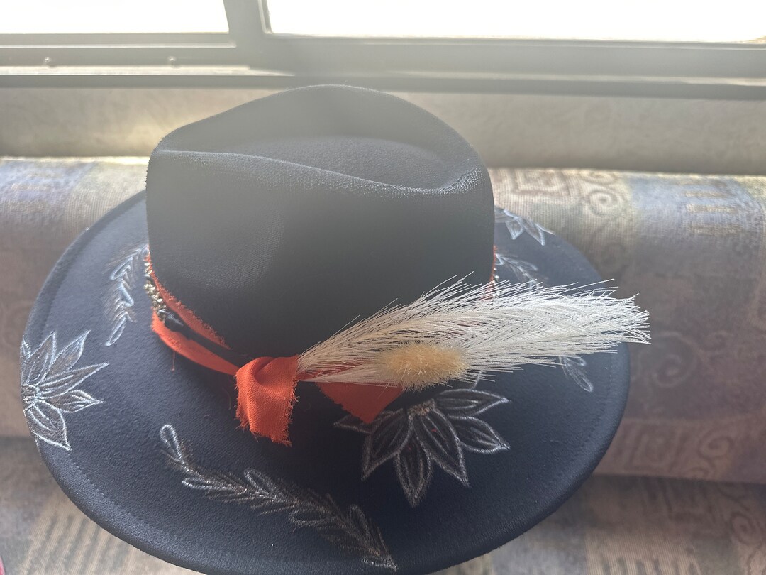 Black Flower Wide Brim Hat With Head Adjuster - Etsy