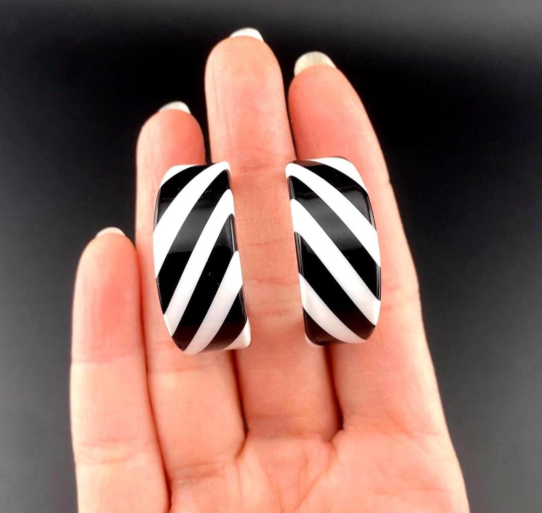 Vintage Black and White Striped Hoop Earrings - Etsy