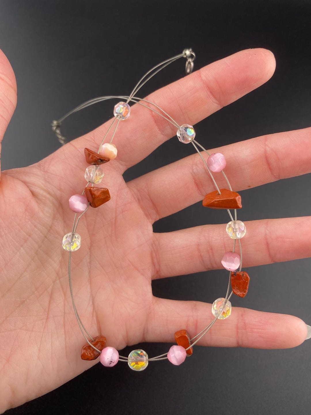 Vintage Floating Carnelian and Pink Cat's Eye Necklace - Etsy