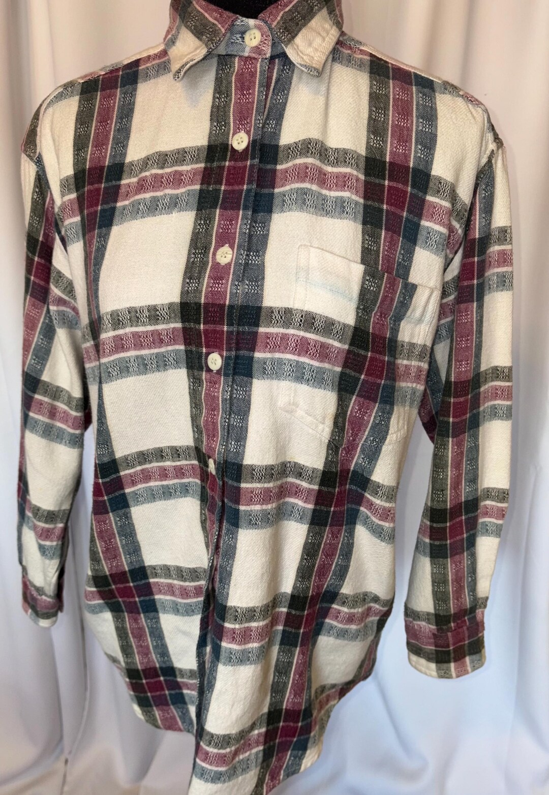 Vintage 90’s 100% Cotton Plaid Ivory, Green and Red Button Down Flannel ...