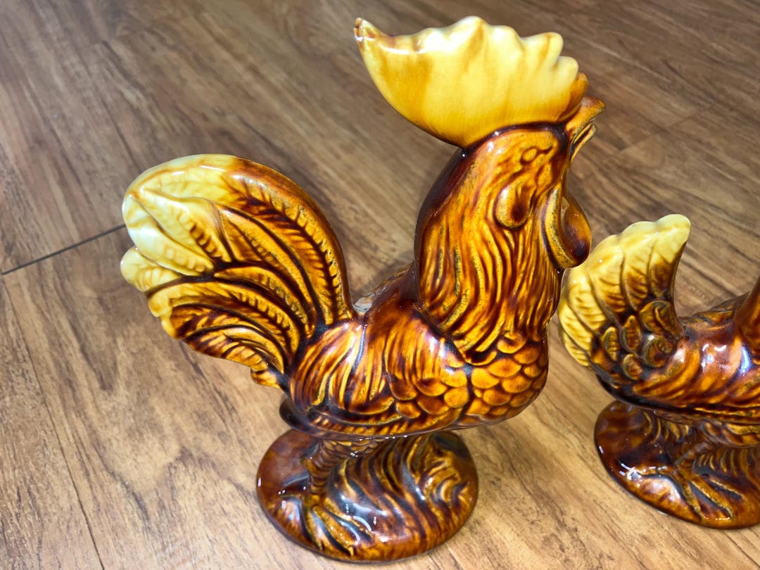 Vintage Set Rooster and Chicken 12 Inch Brown Drip Glaze Decor Figurine ...