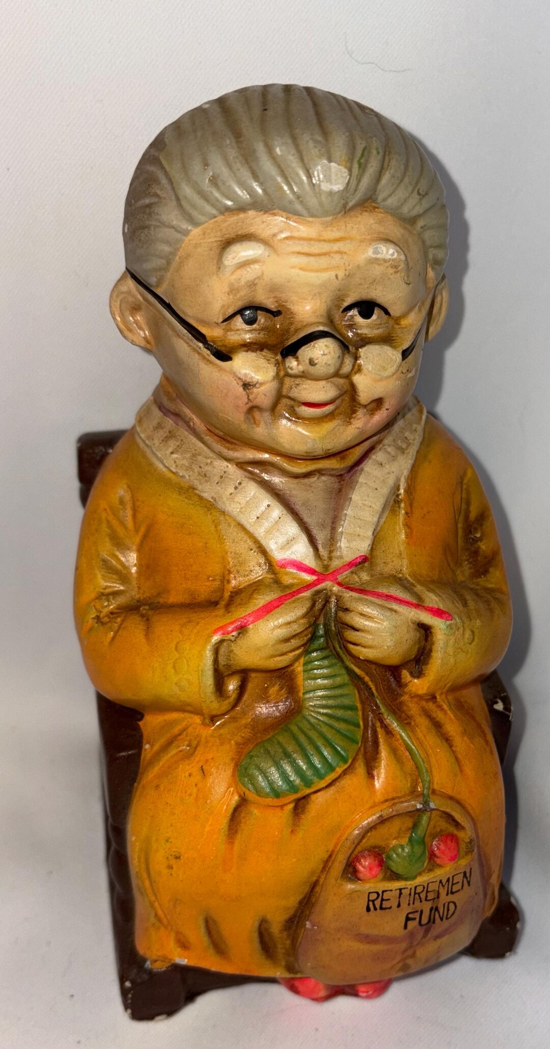 Vintage Piggy Bank Grandma in Rocking Chair Knitting Grandma Core ...