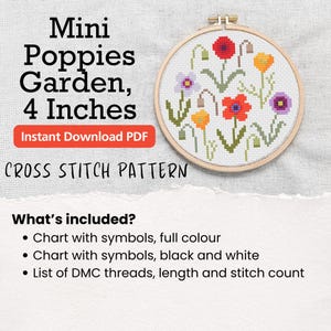 Mini Poppies Garden 4 Inch Cross Stitch Pattern Modern Cross Stitch ...