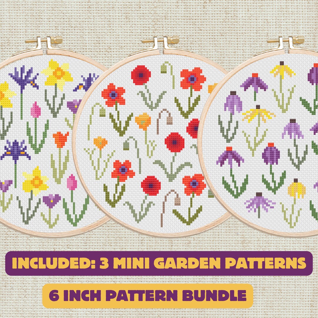 3 Mini Gardens 6 Inch Cross Stitch Pattern Bundle - Spring Flowers ...