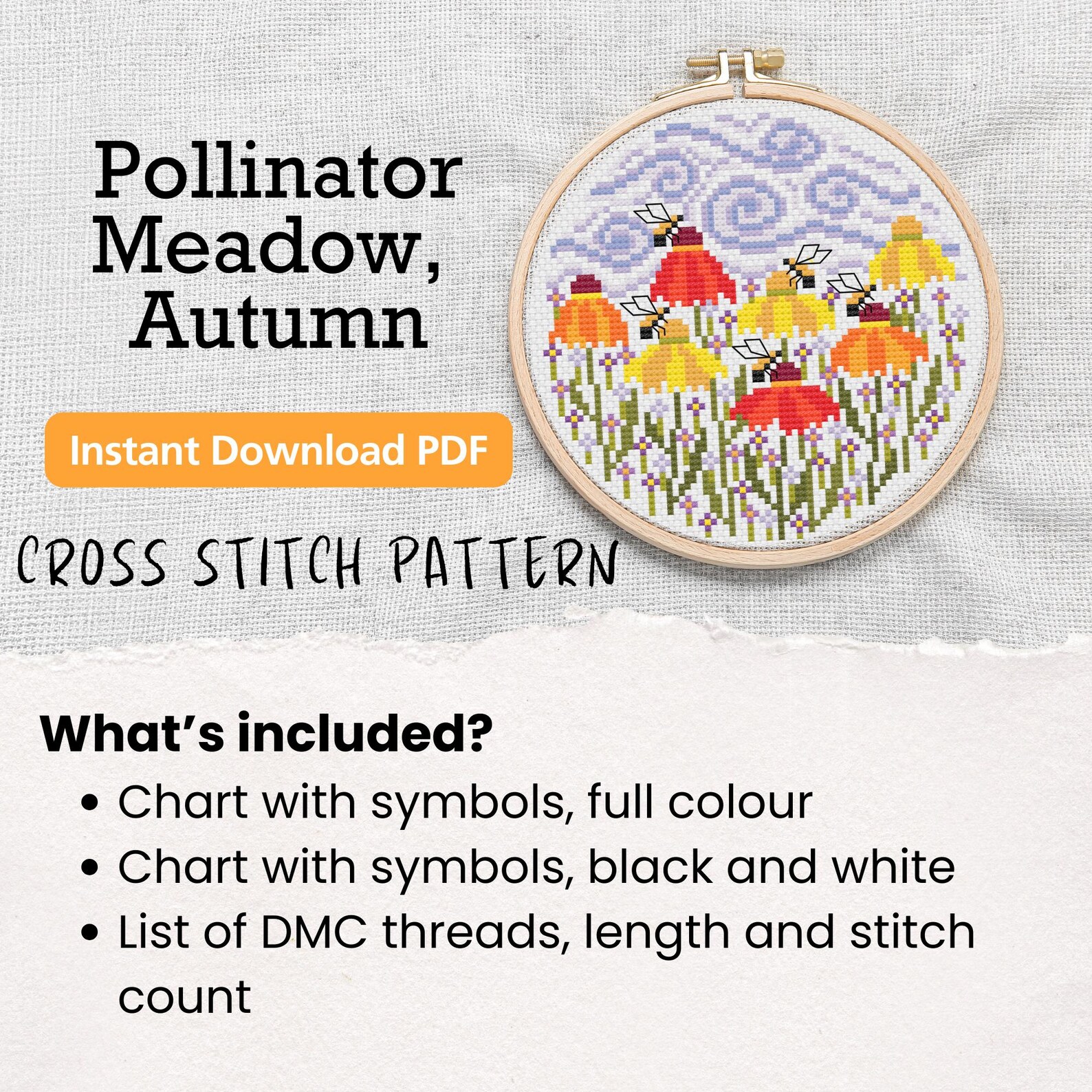 Autumn Pollinator Meadow Cross Stitch Pattern: Bees & Fall Flowers (PDF ...