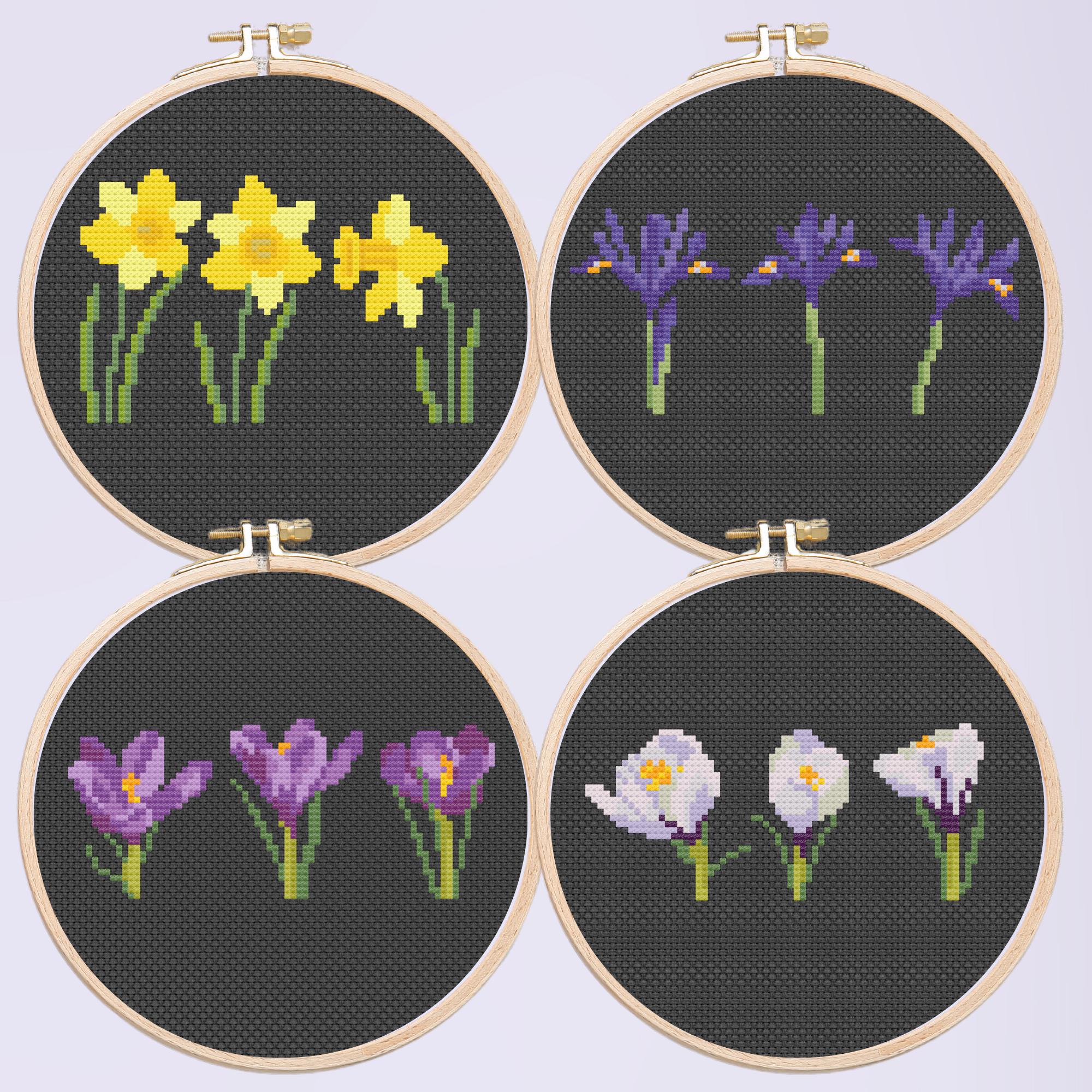 Small Spring Flowers Cross Stitch Pattern Bundle - Daffodils, Iris ...