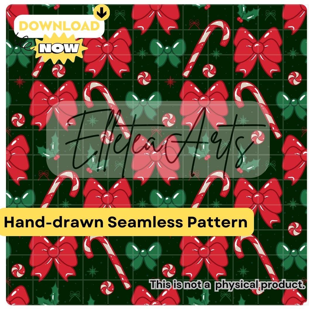 Deep Green Christmas Seamless Pattern, Candy Canes and Bows (digital ...
