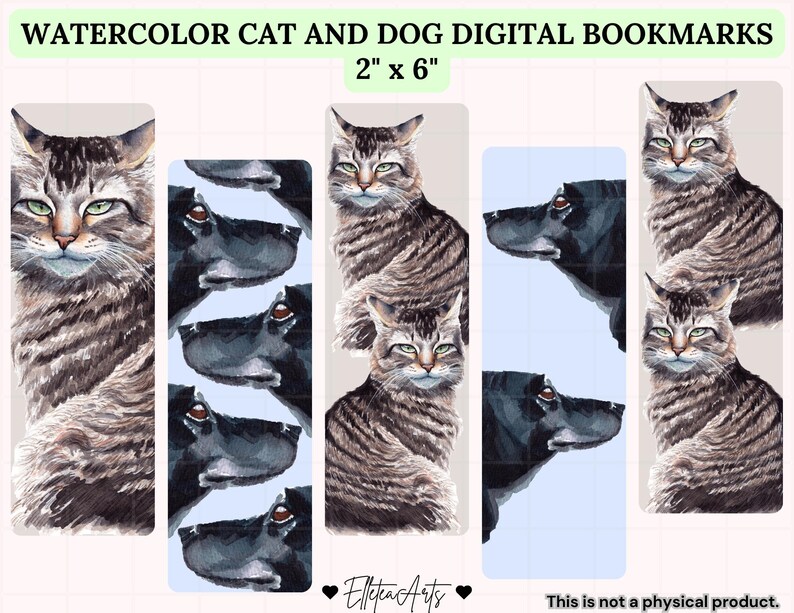 Watercolor Cat & Dog Bookmarks, Printable PNG Designs (digital Download ...