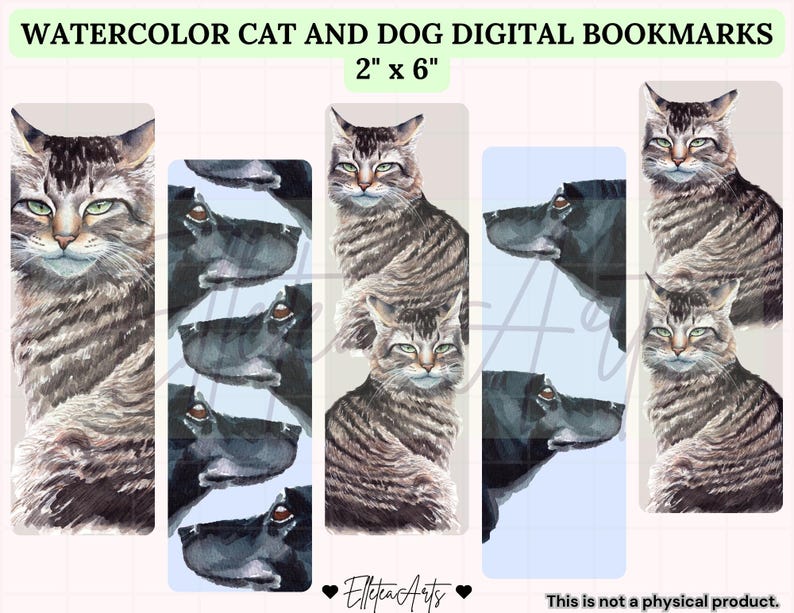 Watercolor Cat & Dog Bookmarks, Printable PNG Designs (digital Download ...