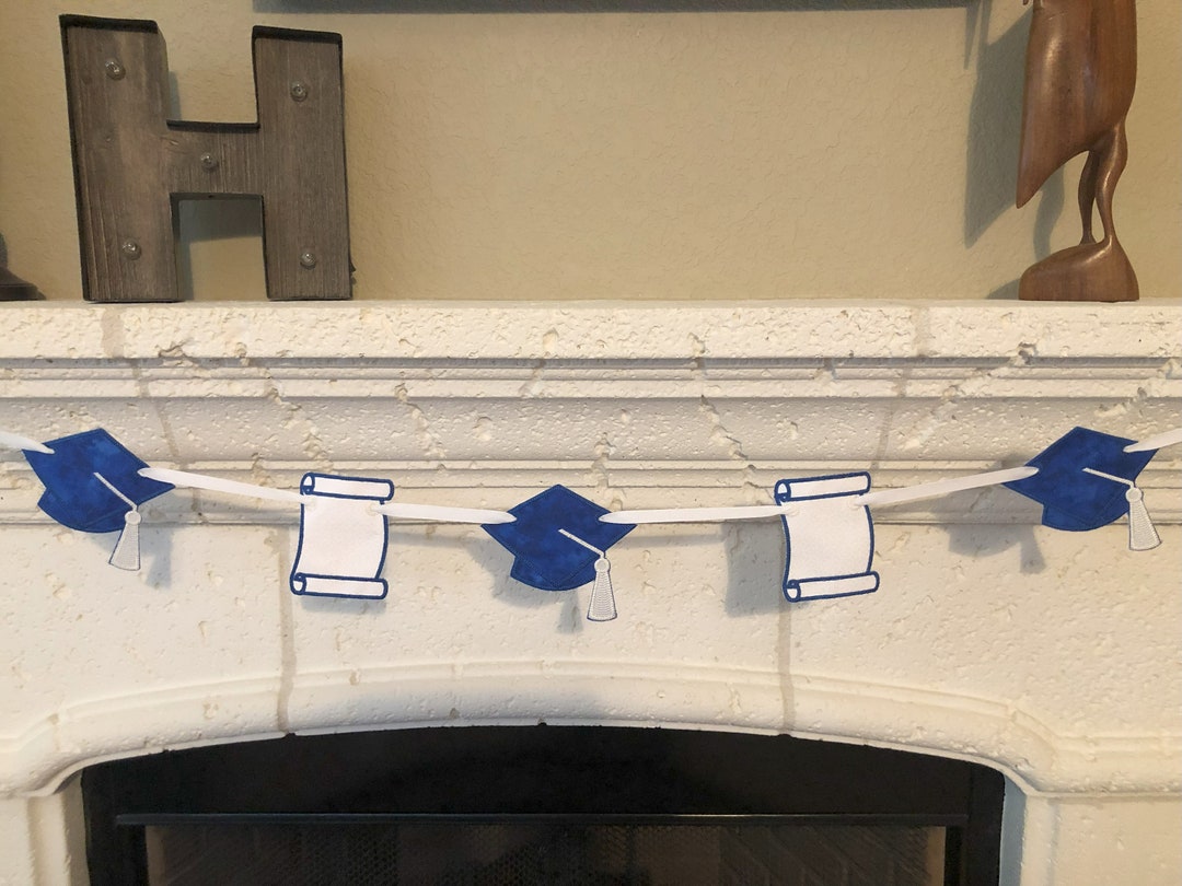 Graduation Cap & Diploma Banner – Blue and White Graduation Garland for ...