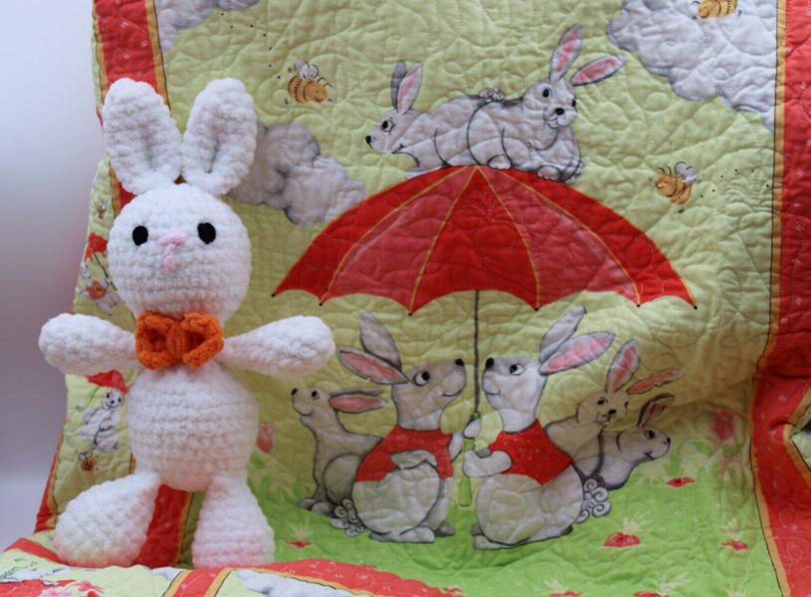 Beautiful Spring White Rabbit Baby Quilt 51x40 With Stuffed White Bunny ...