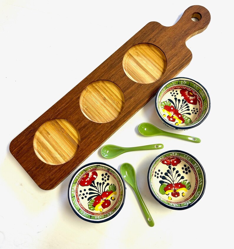 Condiment Dip Serving Tray With Handle, Bowls and Spoons Charcuterie ...