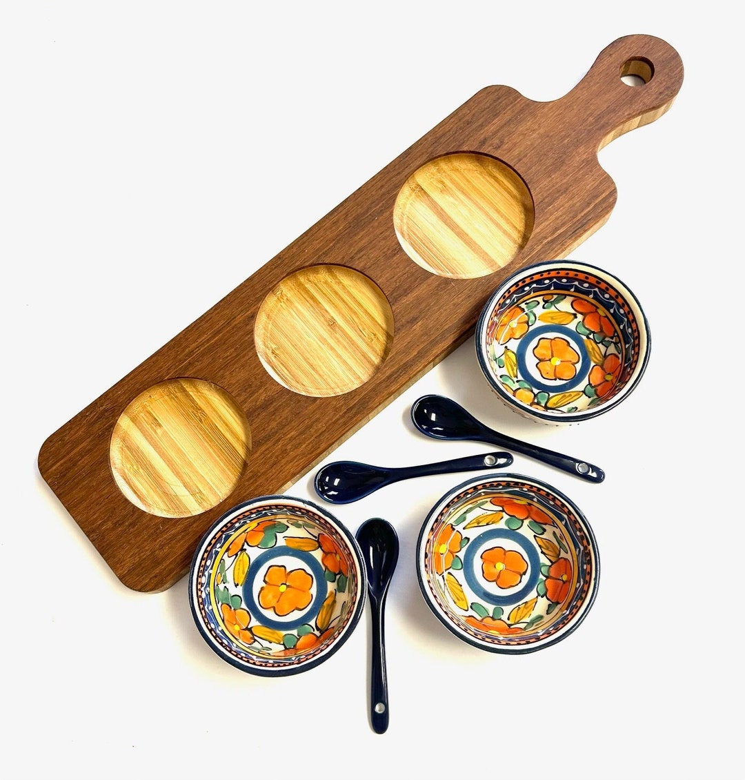 Condiment Dip Serving Tray With Handle, Bowls and Spoons Charcuterie ...