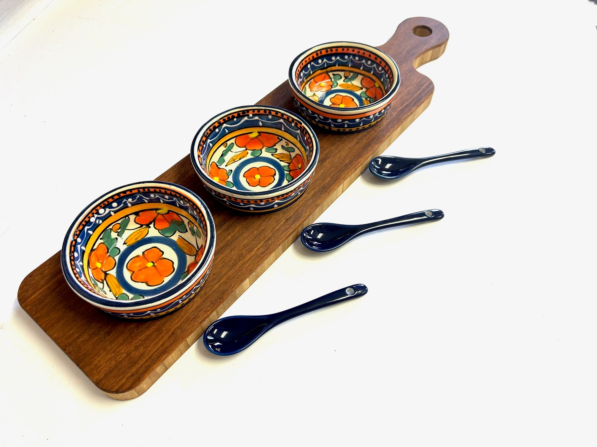 Condiment Dip Serving Tray With Handle, Bowls and Spoons Charcuterie ...