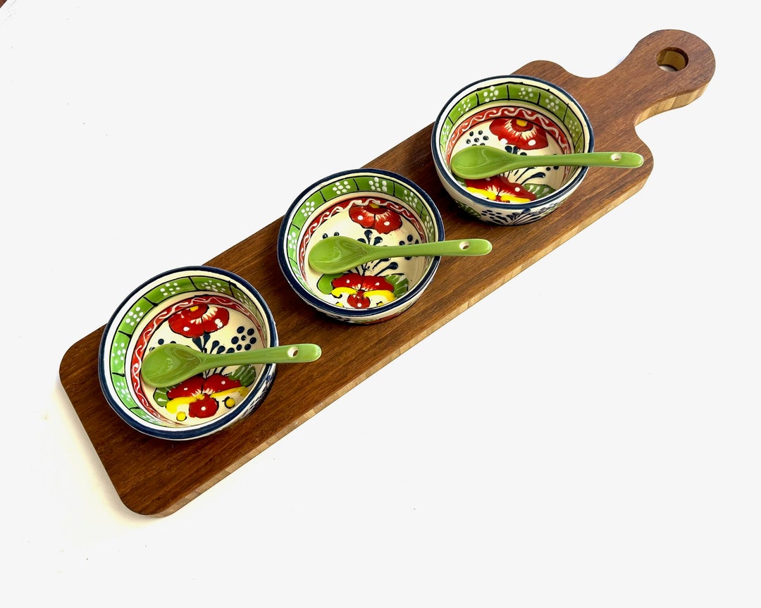 Condiment Dip Serving Tray With Handle, Bowls and Spoons Charcuterie ...