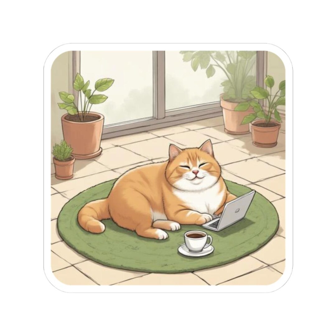 Chubby Orange Cat With Laptop Sticker | Kiss-cut Cat Laptop Decal - Etsy