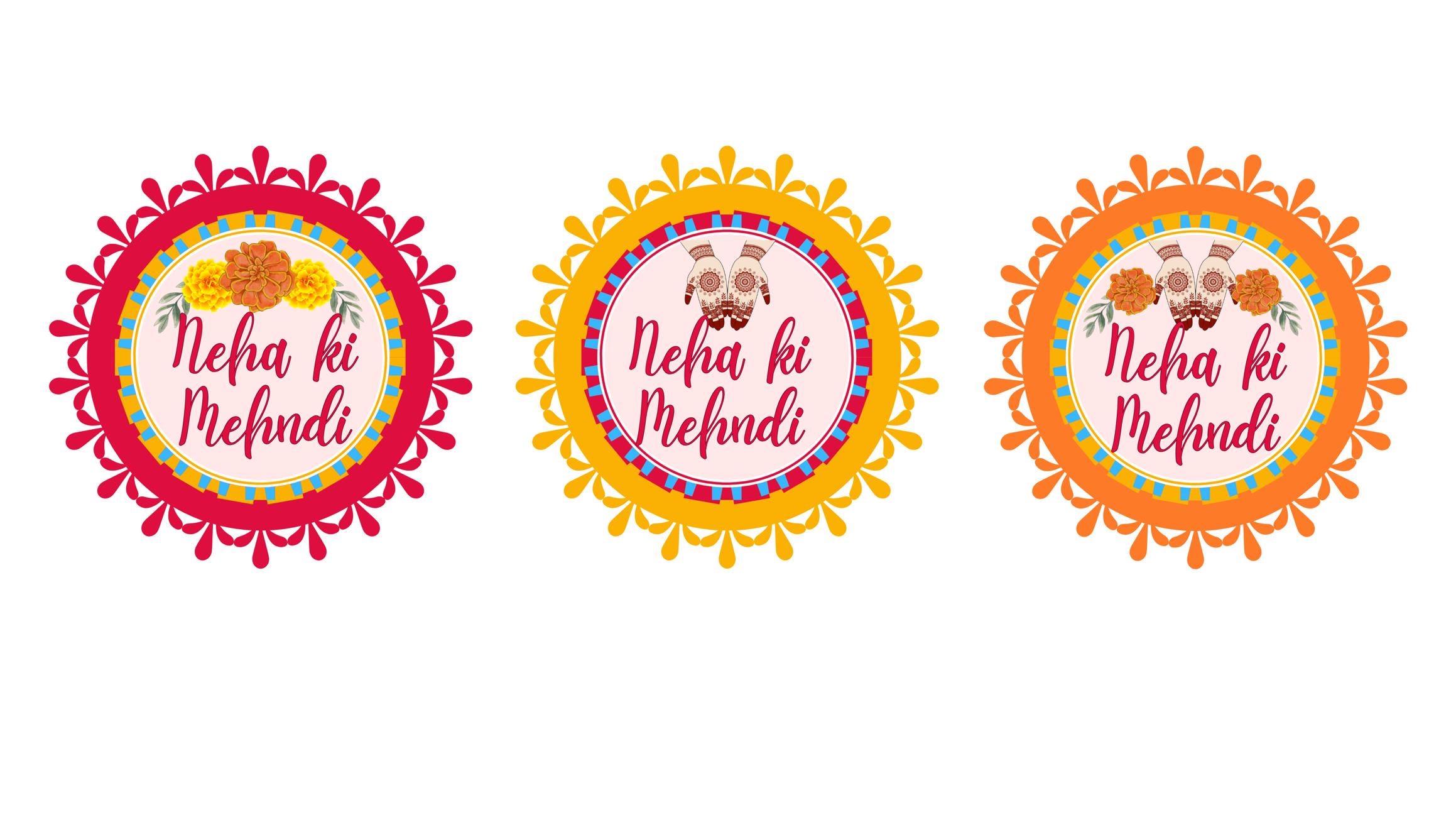 Set of 30 Custom Mehendi Stickers, Marigold and Henna Hands, Sangeet ...