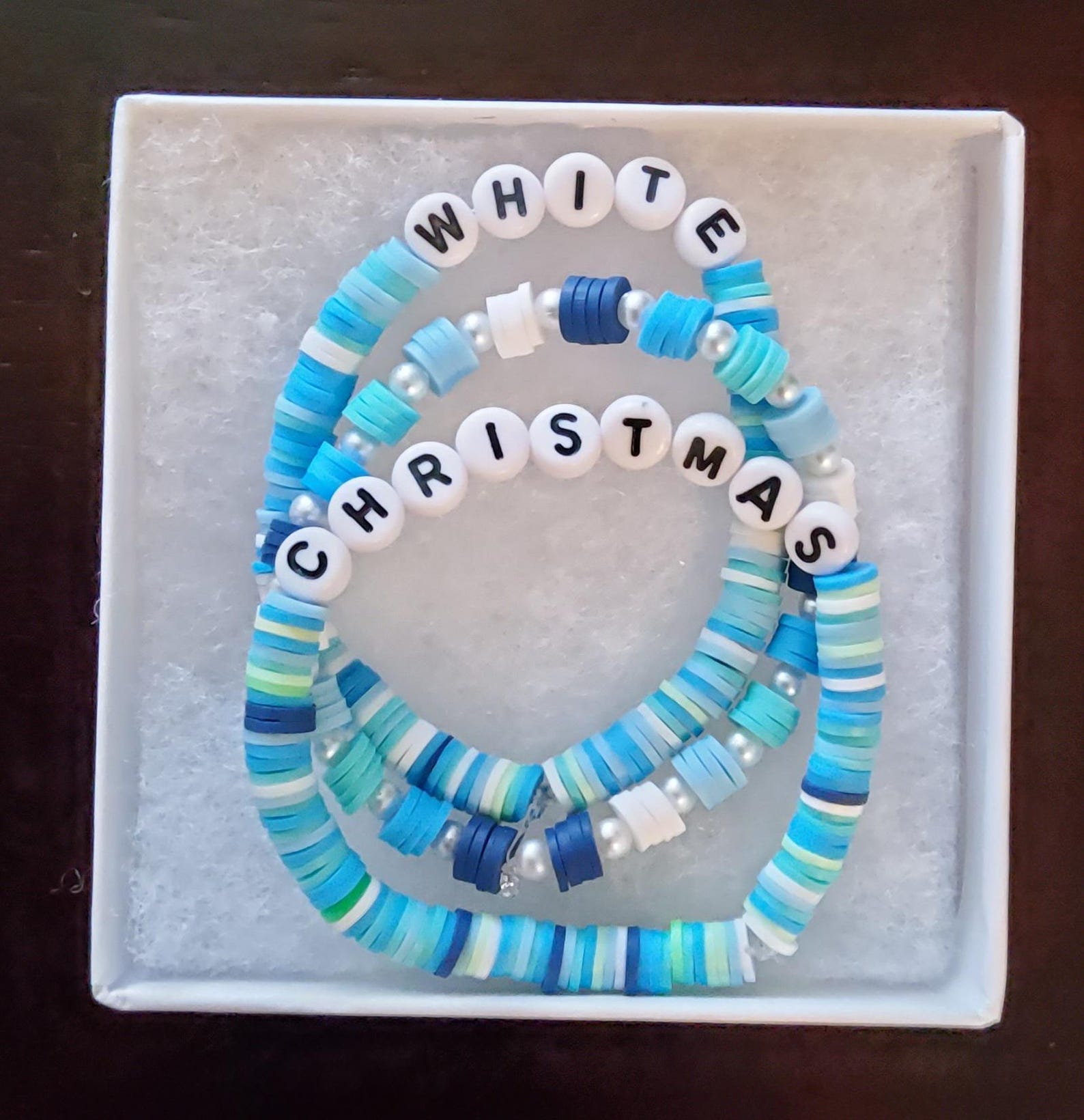 Handmade Christmas Clay Bead Bracelet: White and Blue Stacking Jewelry ...