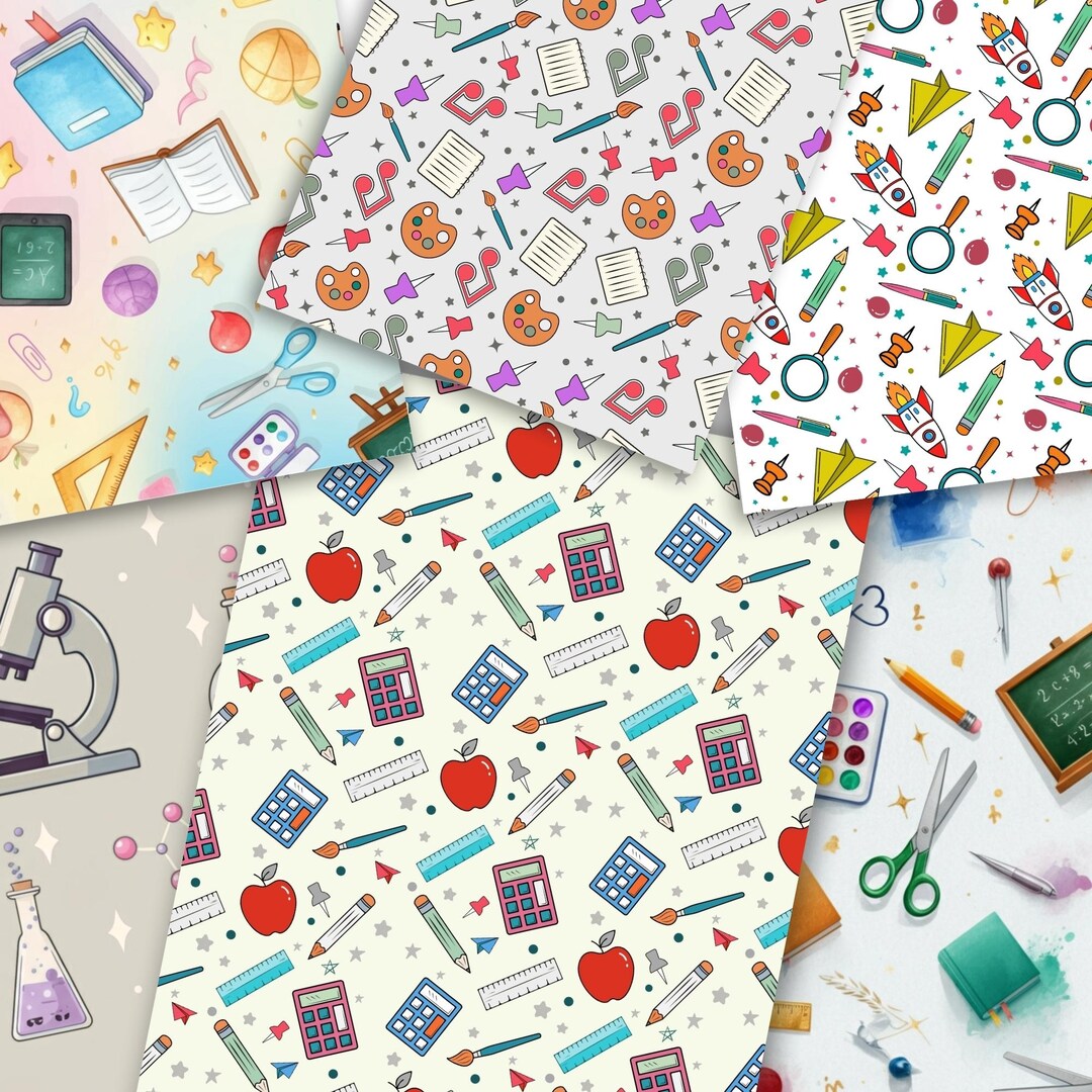 Colorful School Supplies Digital Paper Bundle: Back to School Scrapbook ...