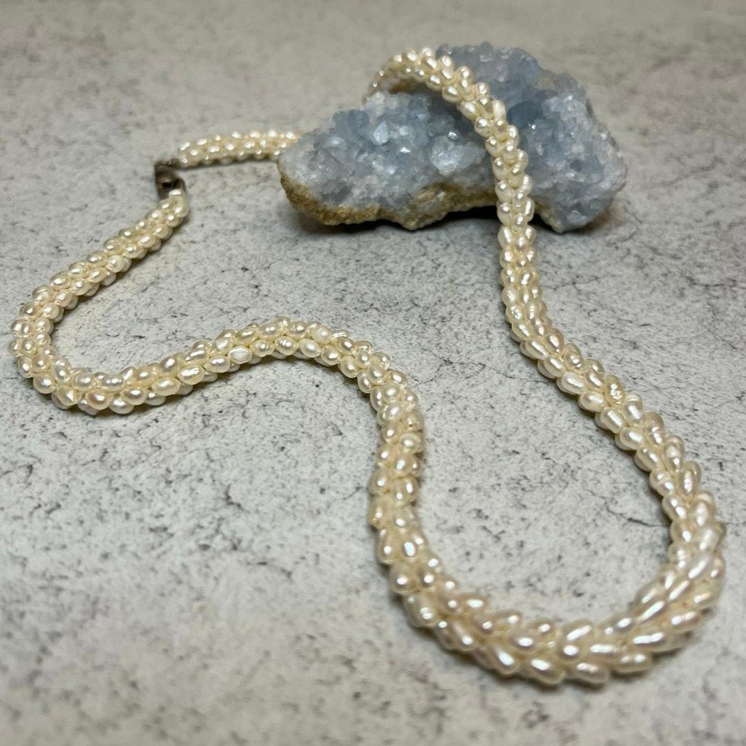 Vintage Rice Pearl Braided Strand Necklace 925 Clasp Retro Estate ...