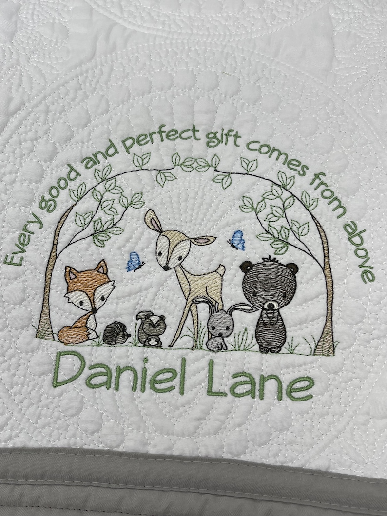Forest Animals and Bible Verse Embroidered Baby Quilt, Embroidered ...