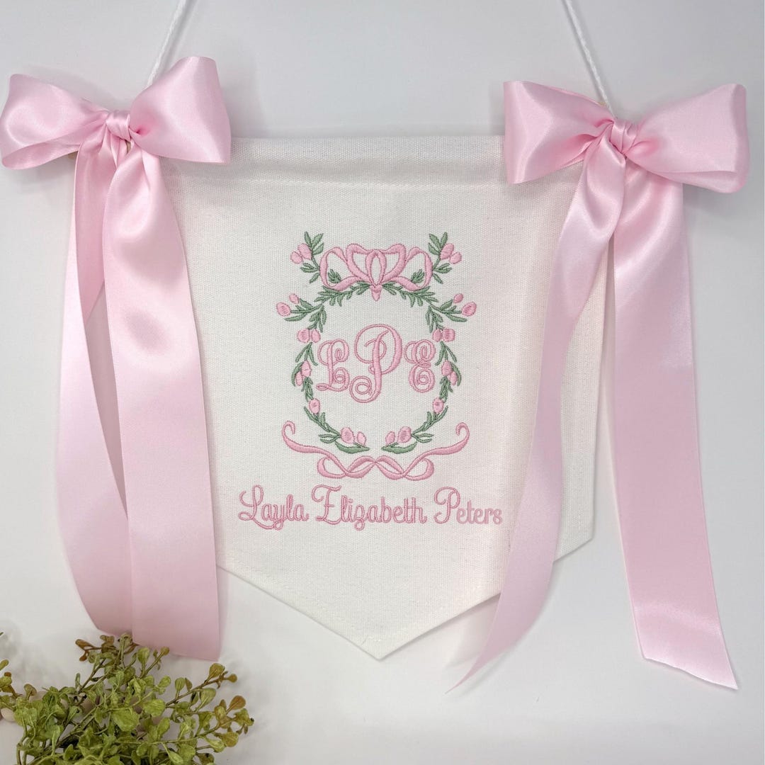 Baby Welcome Banner With Floral Crest and Bows, Personalized Baby ...