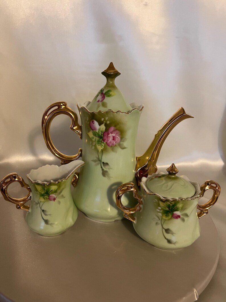 LEFTON Green Heritage Rose Teapot Sugar Creamer Tea Set Hand Painted ...