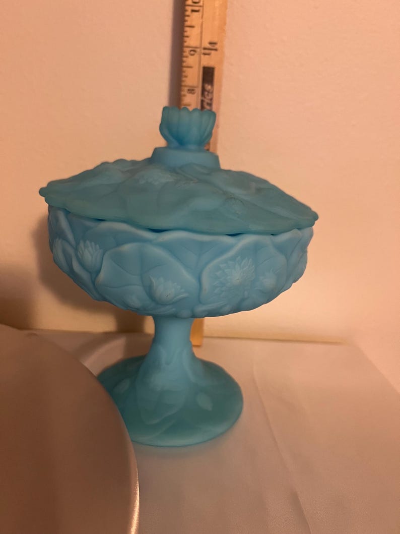 Vintage Fenton Water Lily Pedestal Covered Candy Dish Blue Rare - Etsy