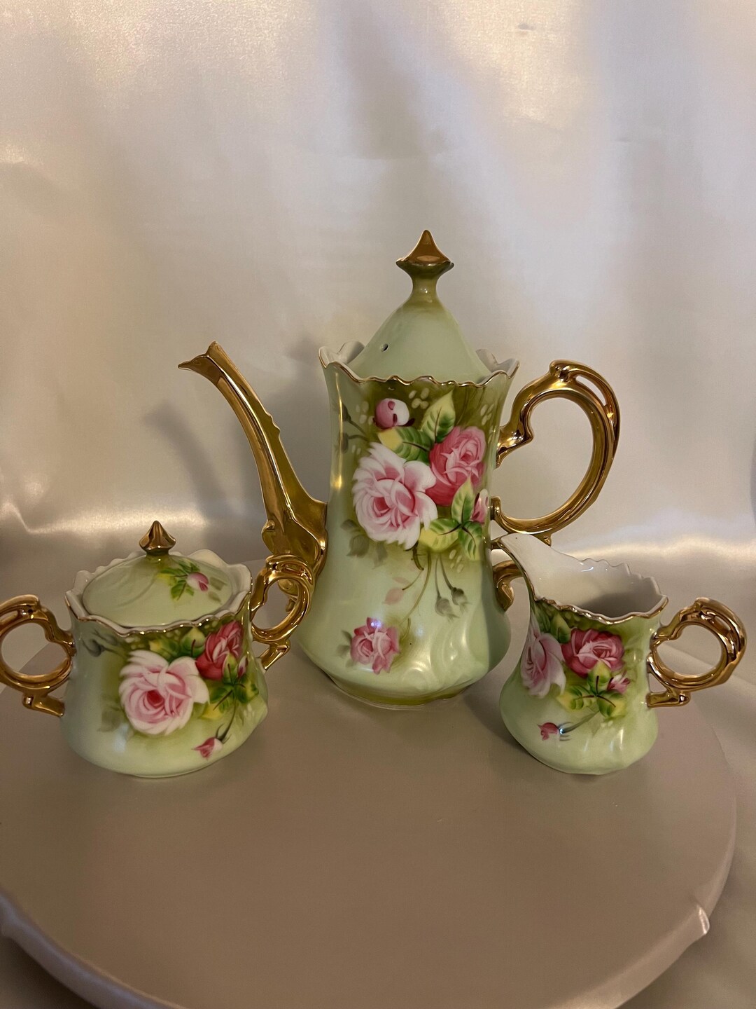LEFTON Green Heritage Rose Teapot Sugar Creamer Tea Set Hand Painted ...