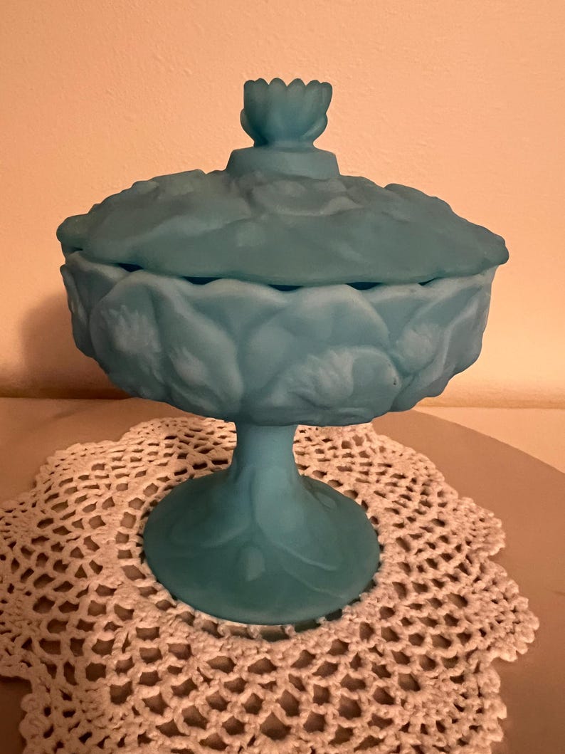 Vintage Fenton Water Lily Pedestal Covered Candy Dish Blue Rare - Etsy