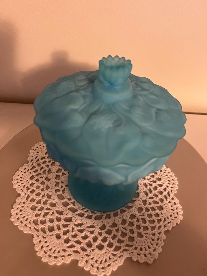 Vintage Fenton Water Lily Pedestal Covered Candy Dish Blue Rare - Etsy