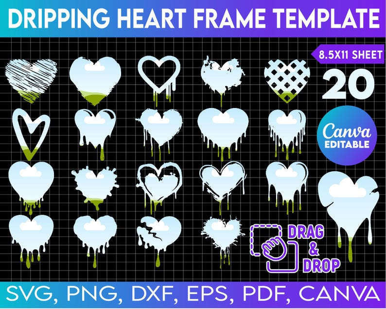 20 Dripping Heart Canva Frame Digital Template, Heart Drip Canva Frame Template, Valentine's Day ...