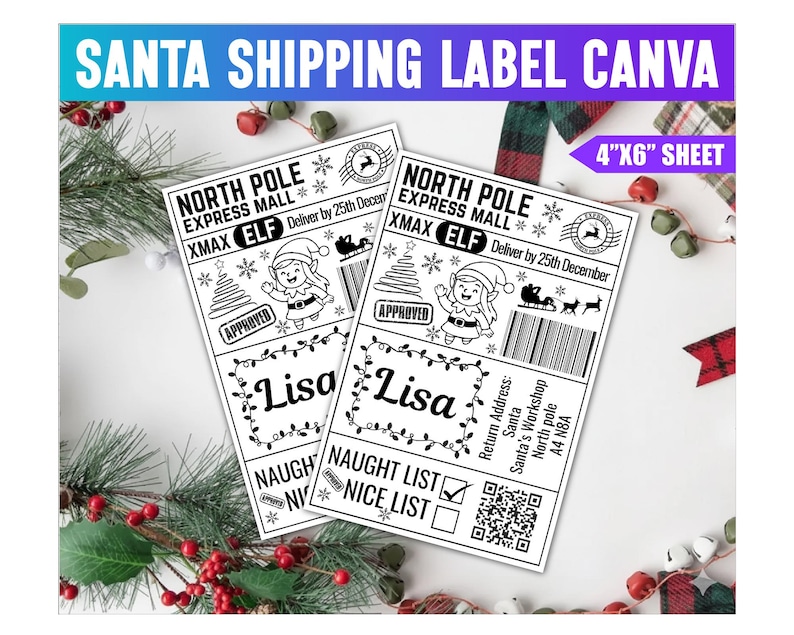 Editable Santa Shipping Label Canva Template, Christmas Mailing Labels ...