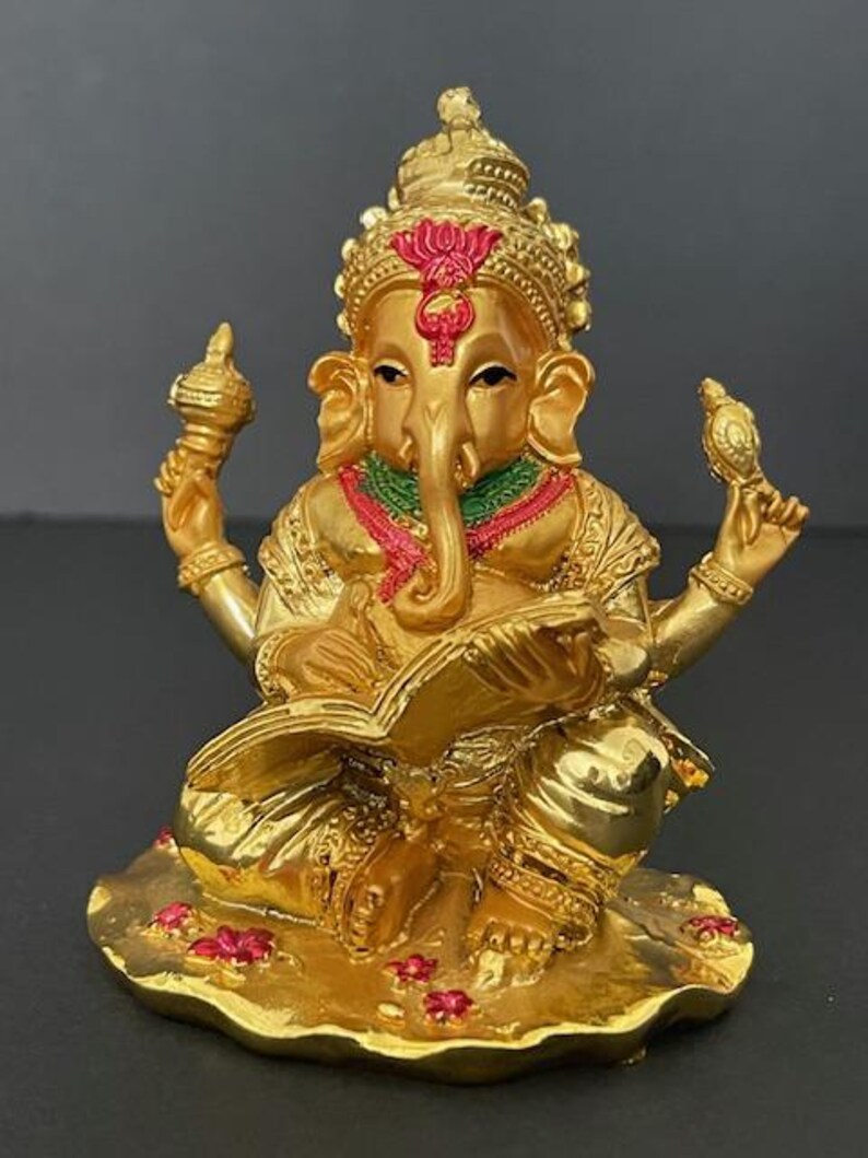 Lord Ganesh Reading Statue-golden Home, Office , Car Dashboard Decor ...