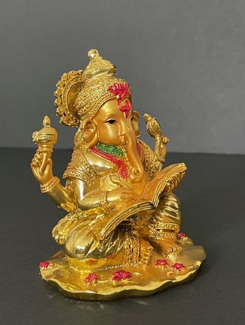 Lord Ganesh Reading Statue-golden Home, Office , Car Dashboard Decor ...
