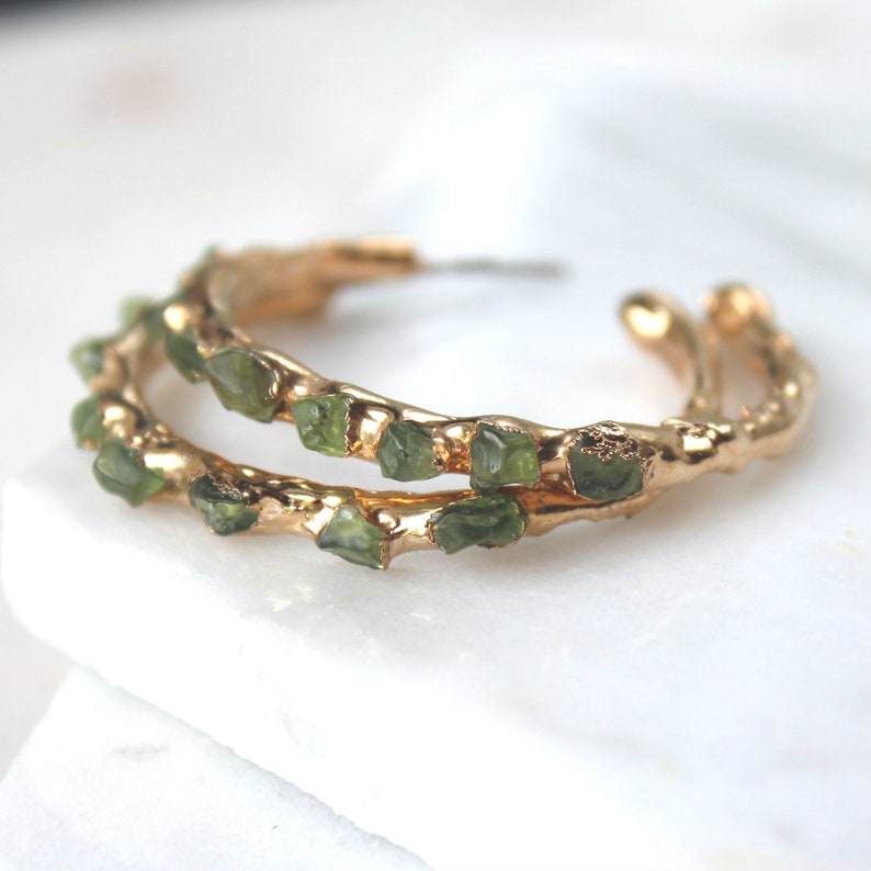 Peridot Earrings Raw Peridot Hoops Gold Hoop Earrings - Etsy