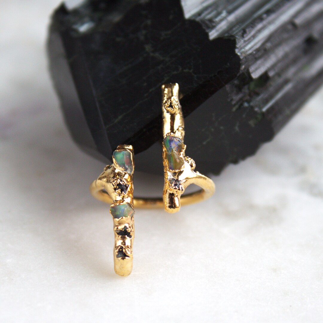 Raw Opal Ring, Diamond Ring, Gold Gemstone Ring, Open Gold Ring ...