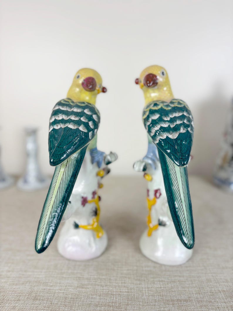 Vintage Porcelain Parrot Figurines: Hand-painted Chinoiserie Bird ...
