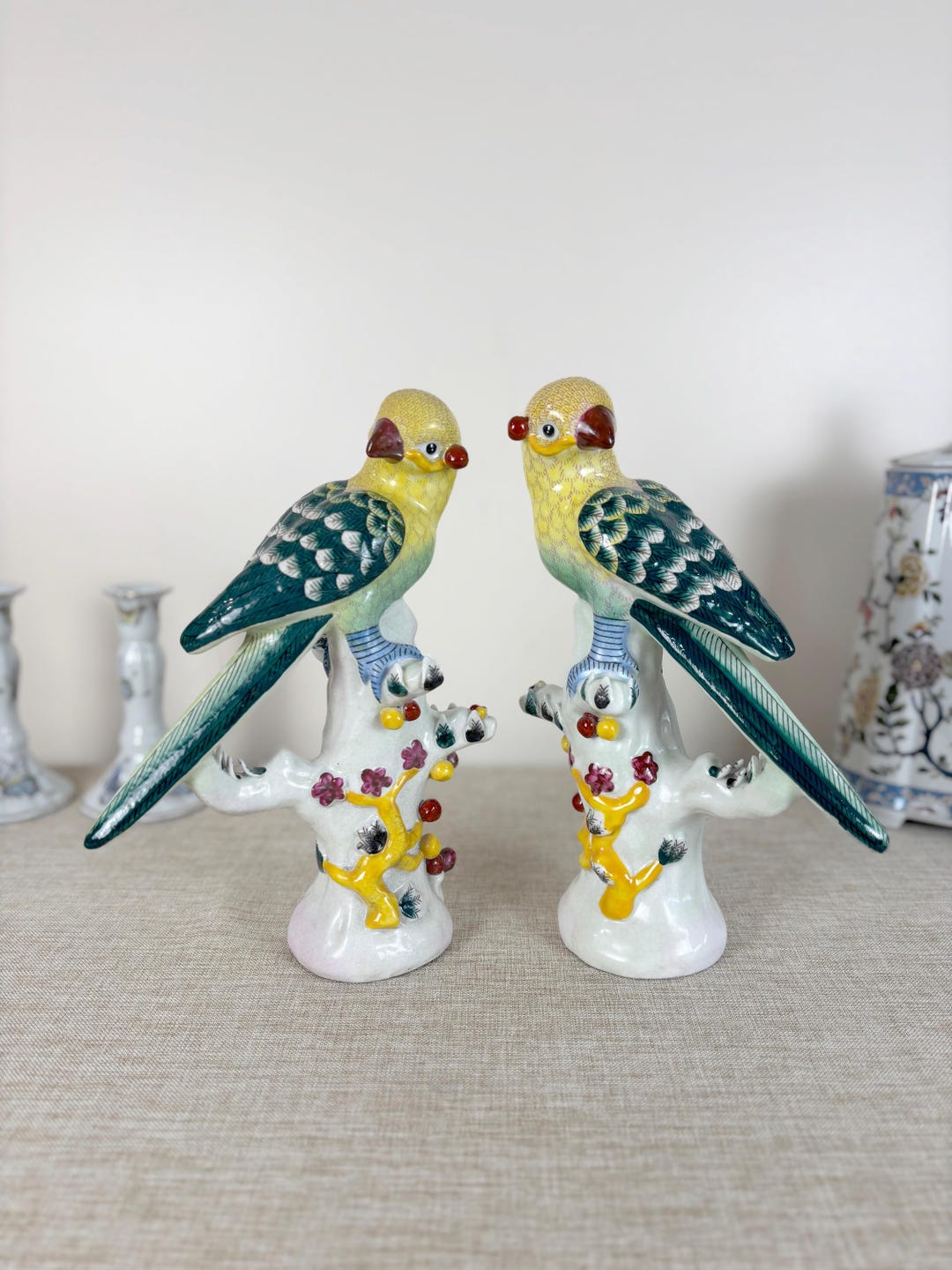 Vintage Porcelain Parrot Figurine Pair Hand Painted Exotic Bird Statues ...