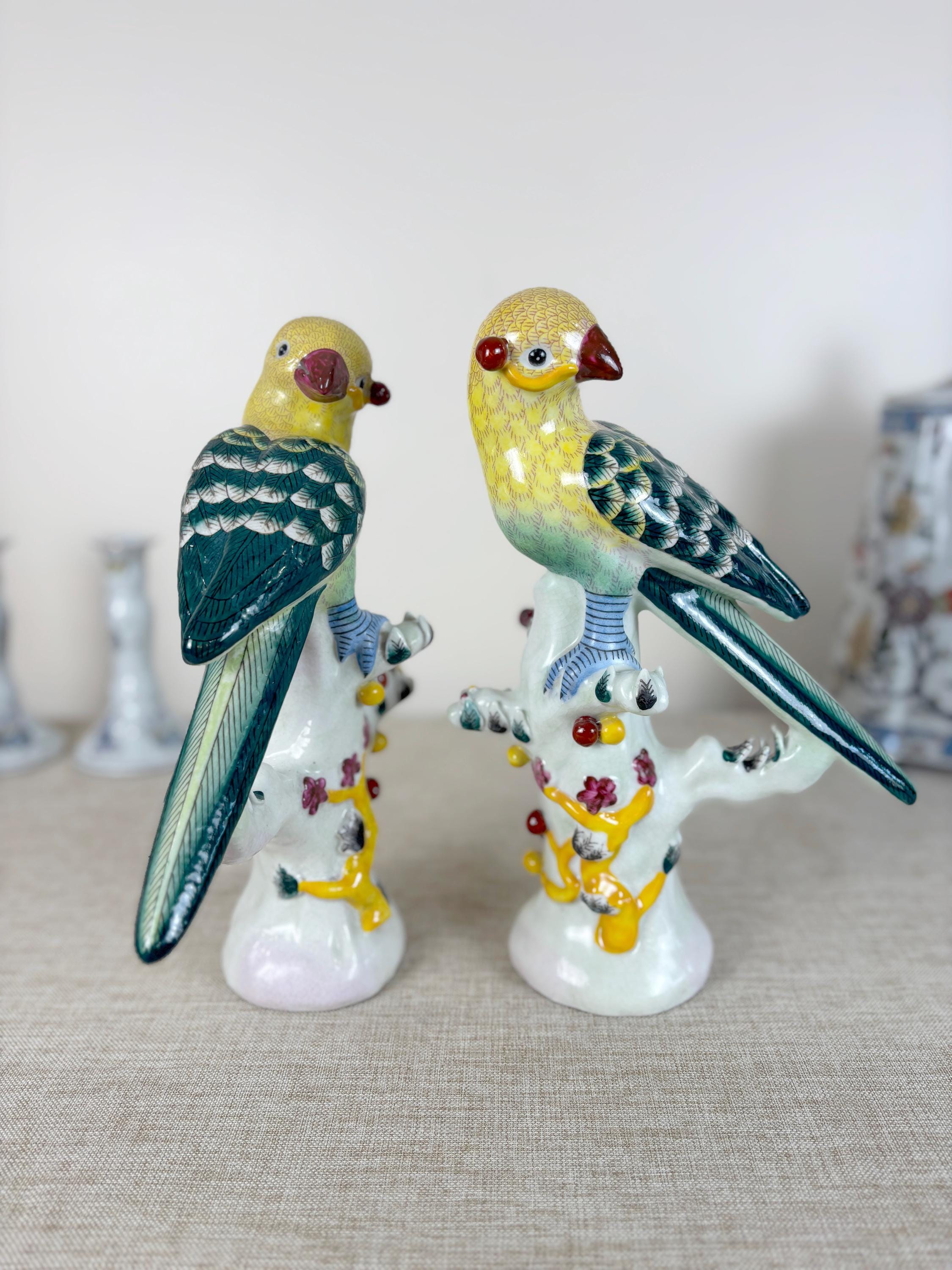 Vintage Porcelain Parrot Figurine Pair Hand Painted Exotic Bird Statues ...