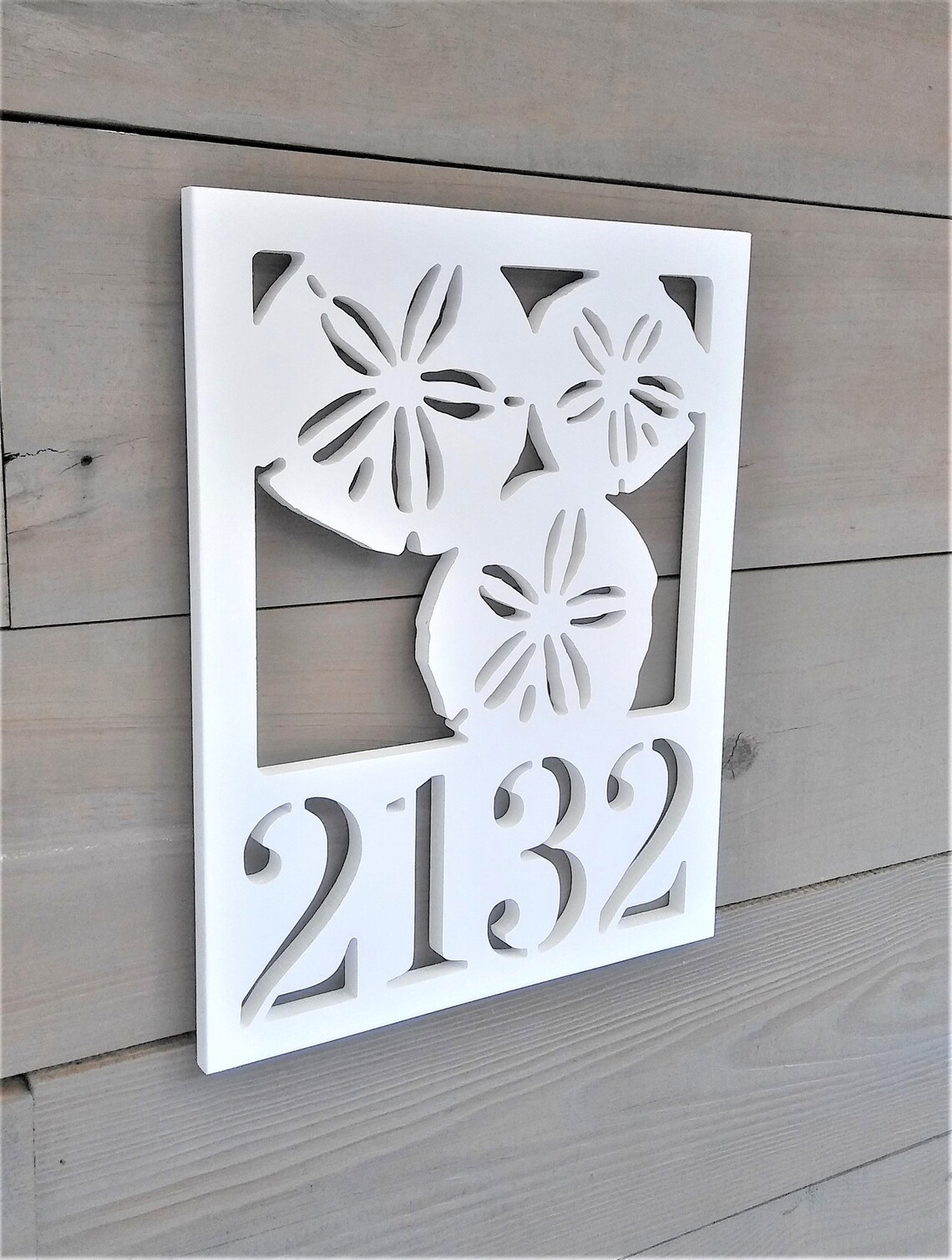 Custom White Sand Dollar Weatherproof PVC House Number Sign - Coastal ...
