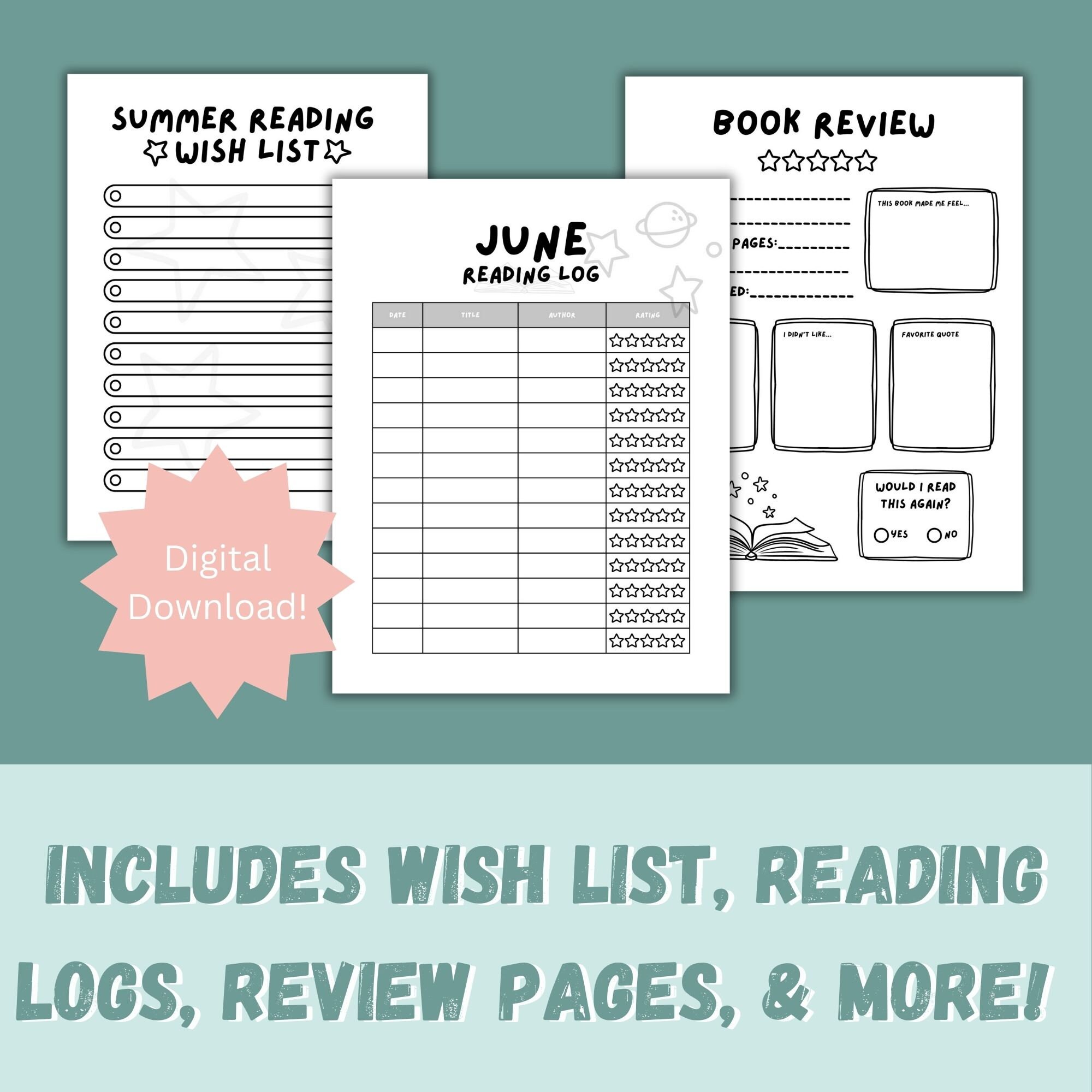 Kids Summer Reading Journal Printable Reading Goals Book Reviews ...